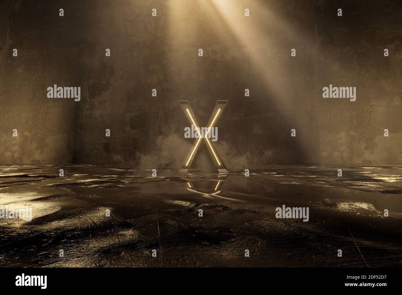 3d rendering of framed lighten X alphabet shape with light rays on ...