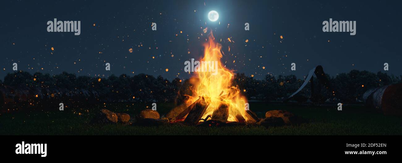3d rendering of big bonfire with sparks and particles in front of ...