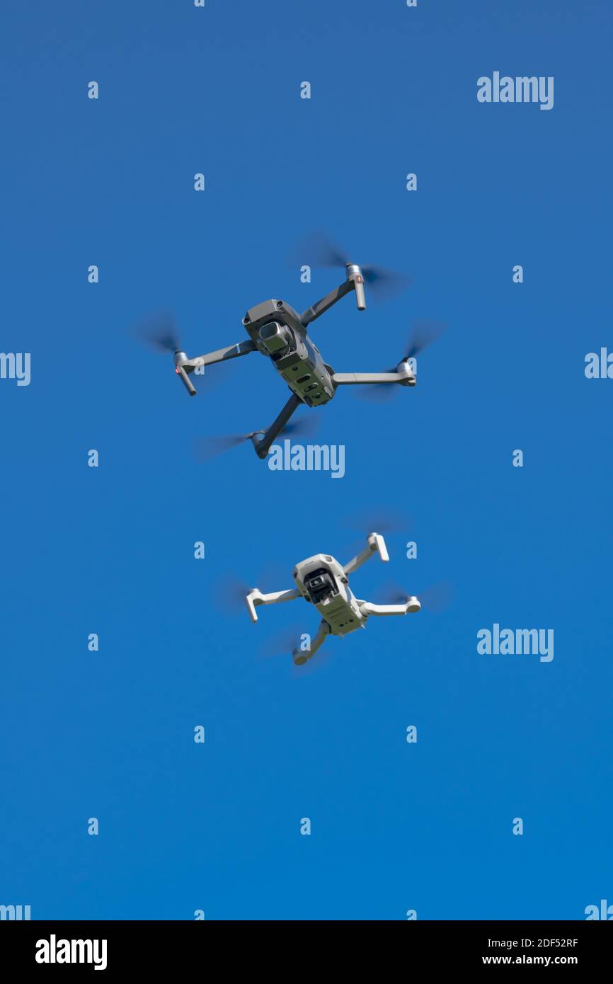 Police unmanned aircraft system, Drone flying, blue sky background ...