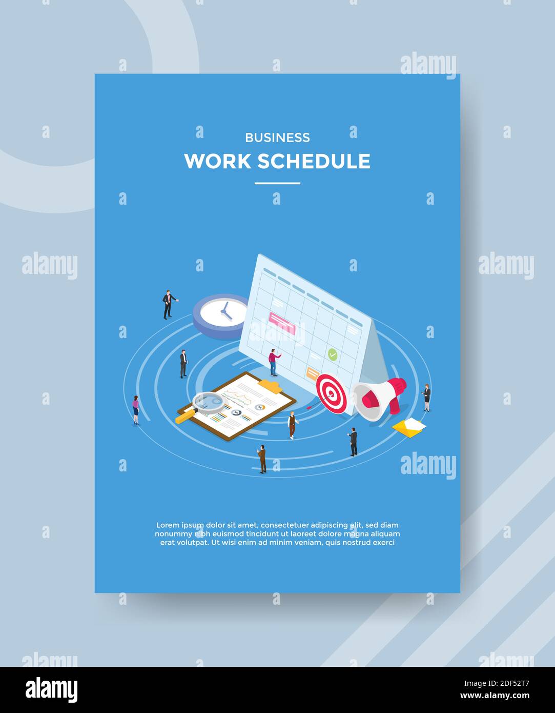 business work schedule people standing around calendar chart clipboard ...