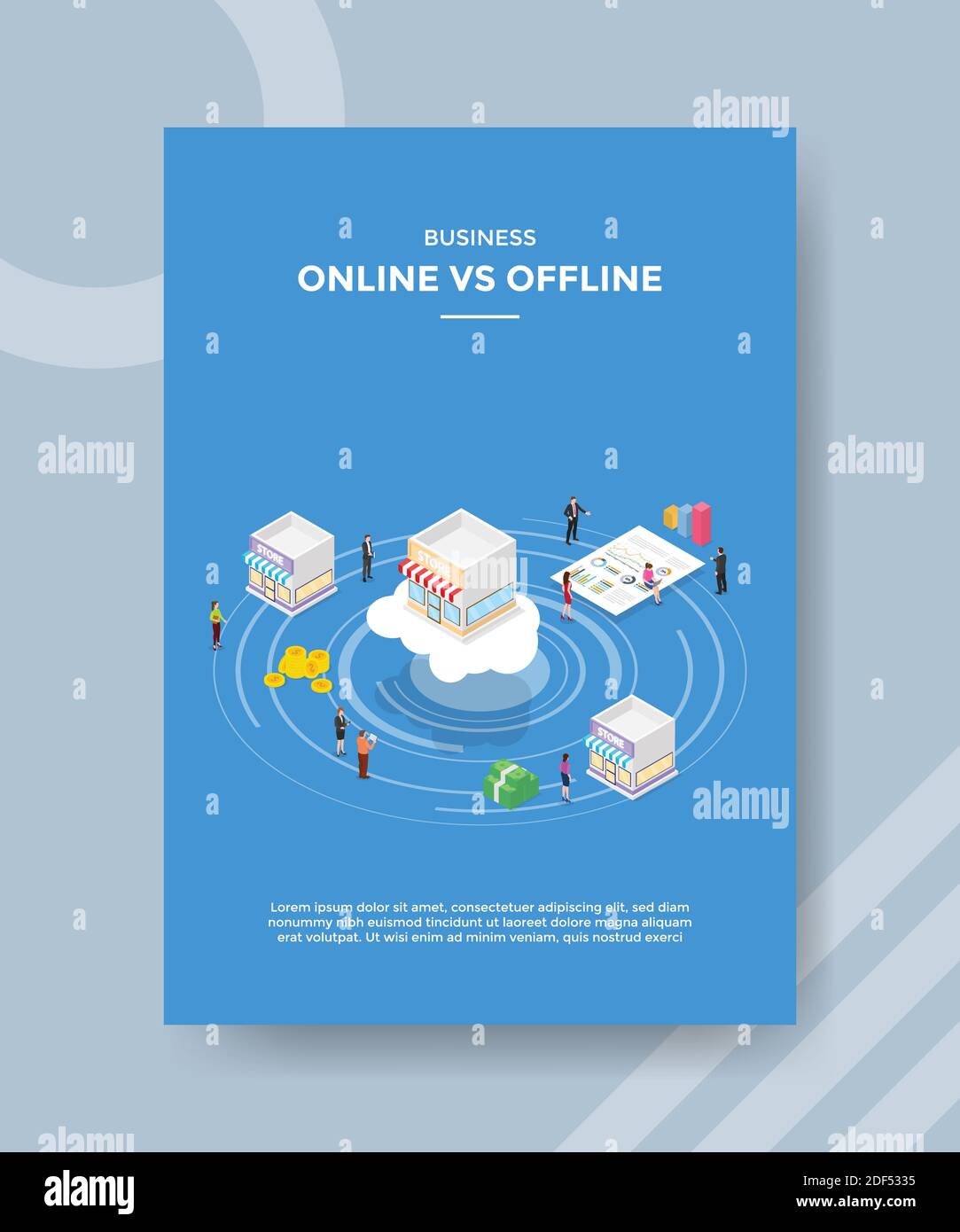 business online vs offline people standing around store bar chart for ...