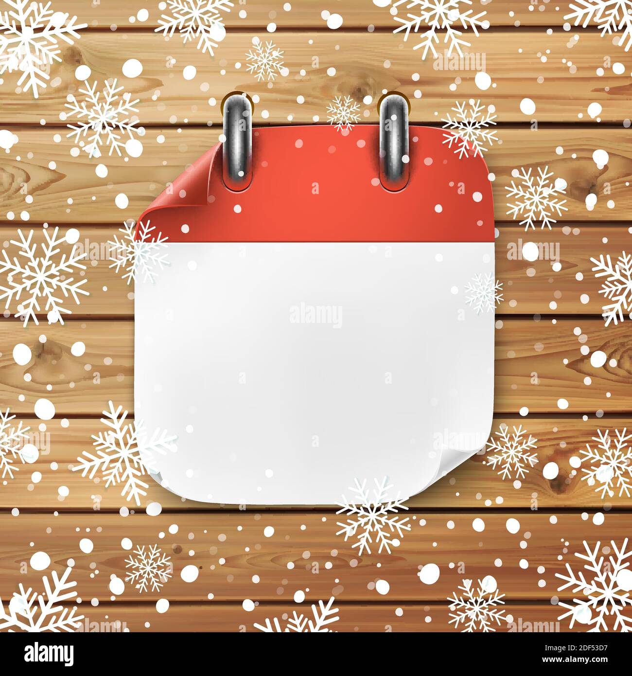 Blank calendar icon template on wooden planks background with snow and ...