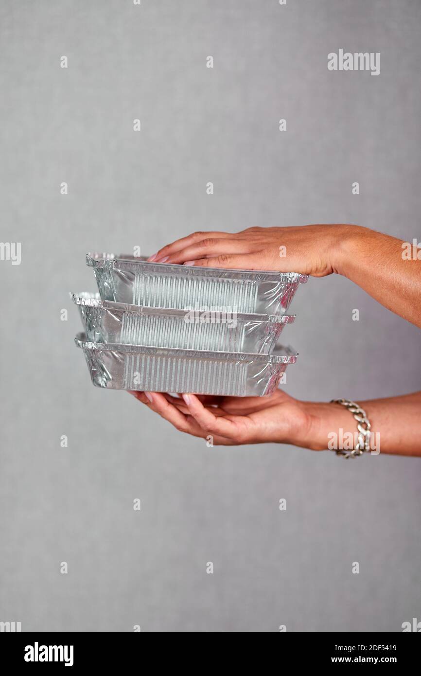 Closeup courier hand hold go box food, delivery service, isolated on ...