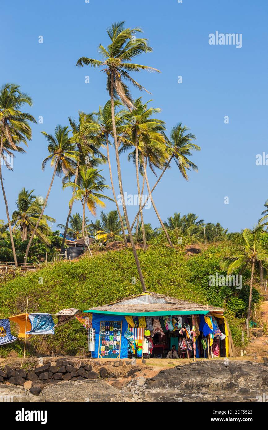 India, Goa, Clothes store on Ozran Beach known as Little Vagator Beach ...