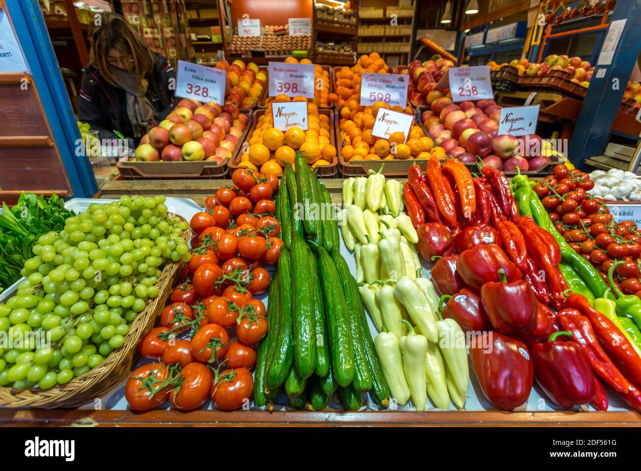 View of fruit and veg stall in the interior of Budapest Central Market ...