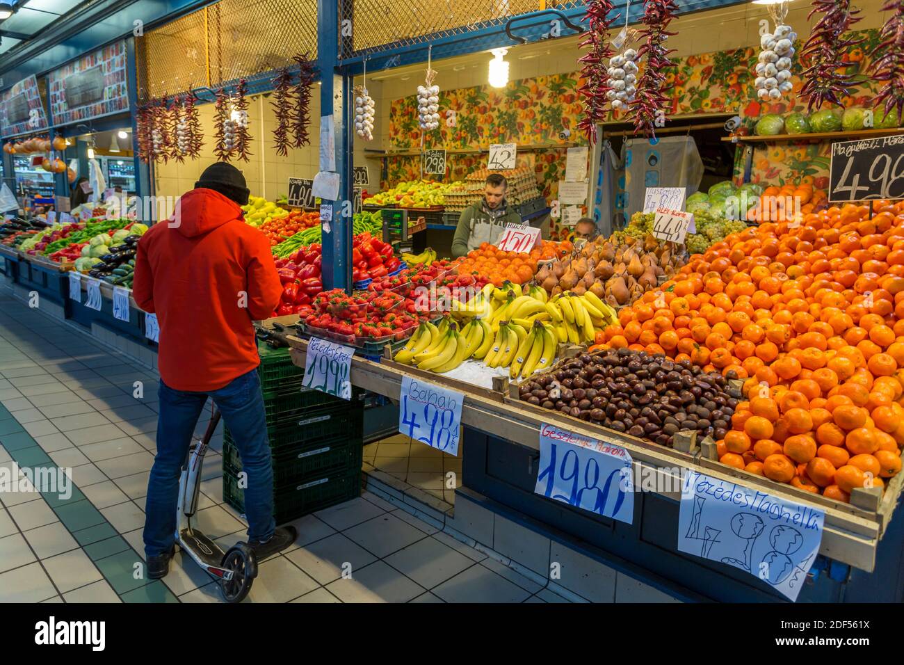 View of fruit and veg stall in the interior of Budapest Central Market ...