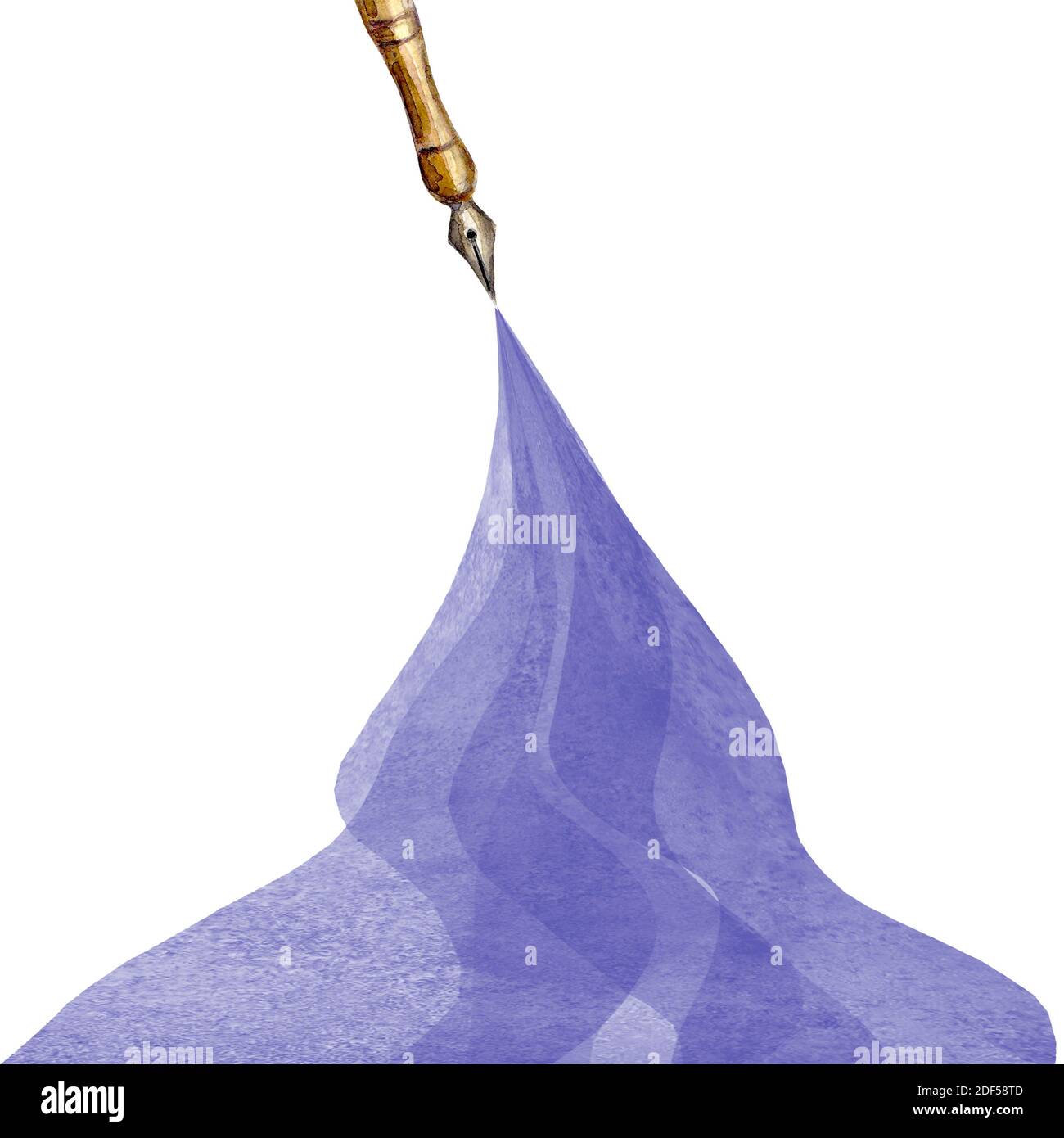 Vintage style fountain pen with spilled purple ink on white background ...