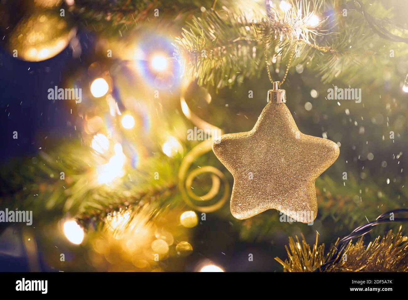 Magic Christmas background of christmas decorations in sparkling ...