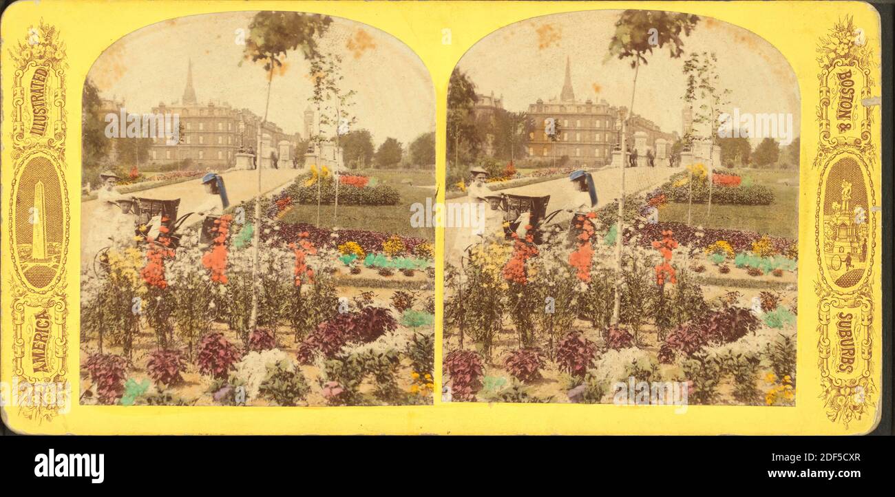Hand-colored view of the Public Gardens showing two women with a ...