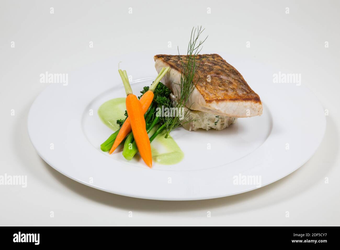 A cooked lime fish decorated with sauce and green on a plate isolated ...