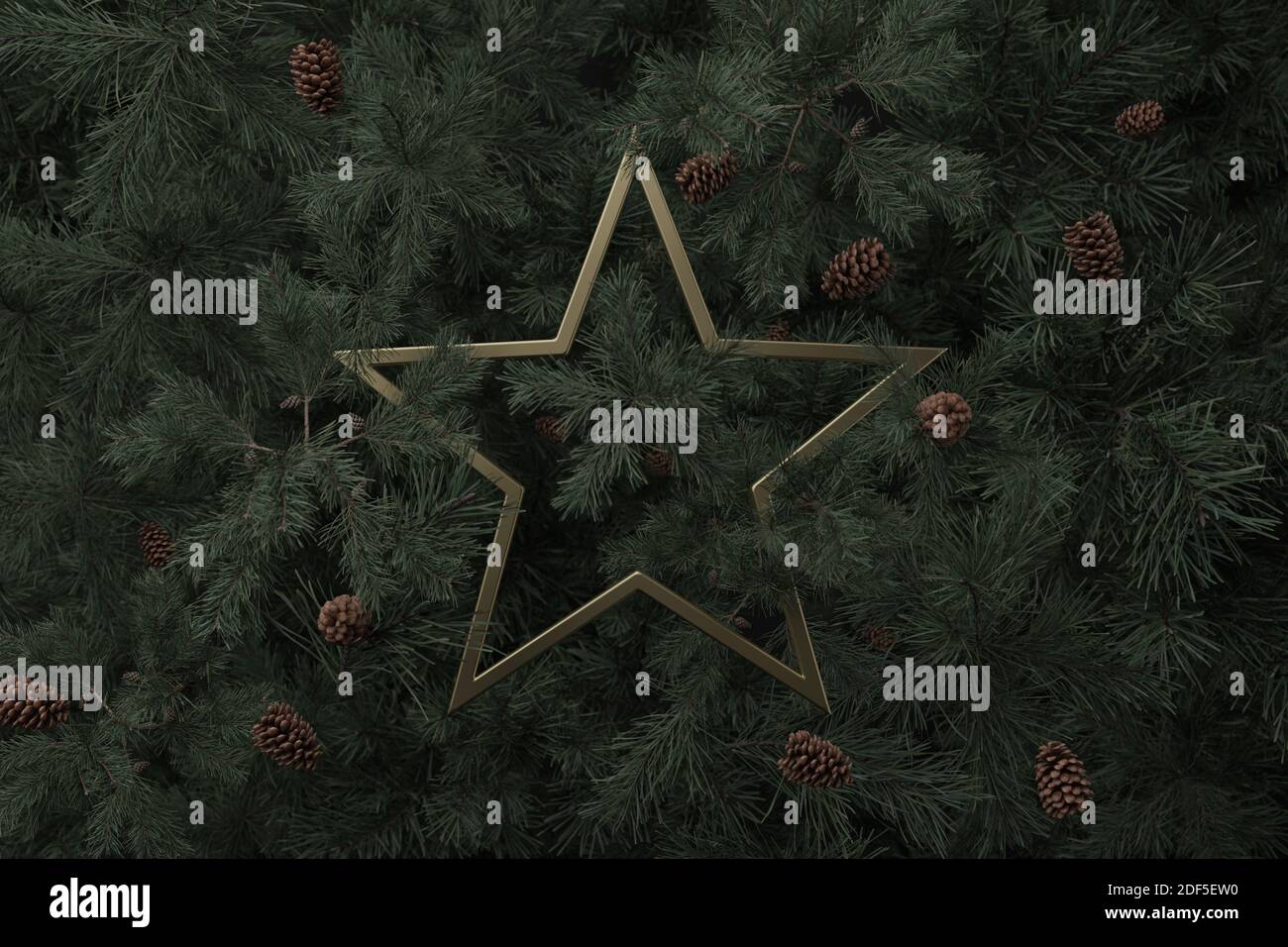 3d rendering of star shape with pine needles and twigs. Flat lay of ...