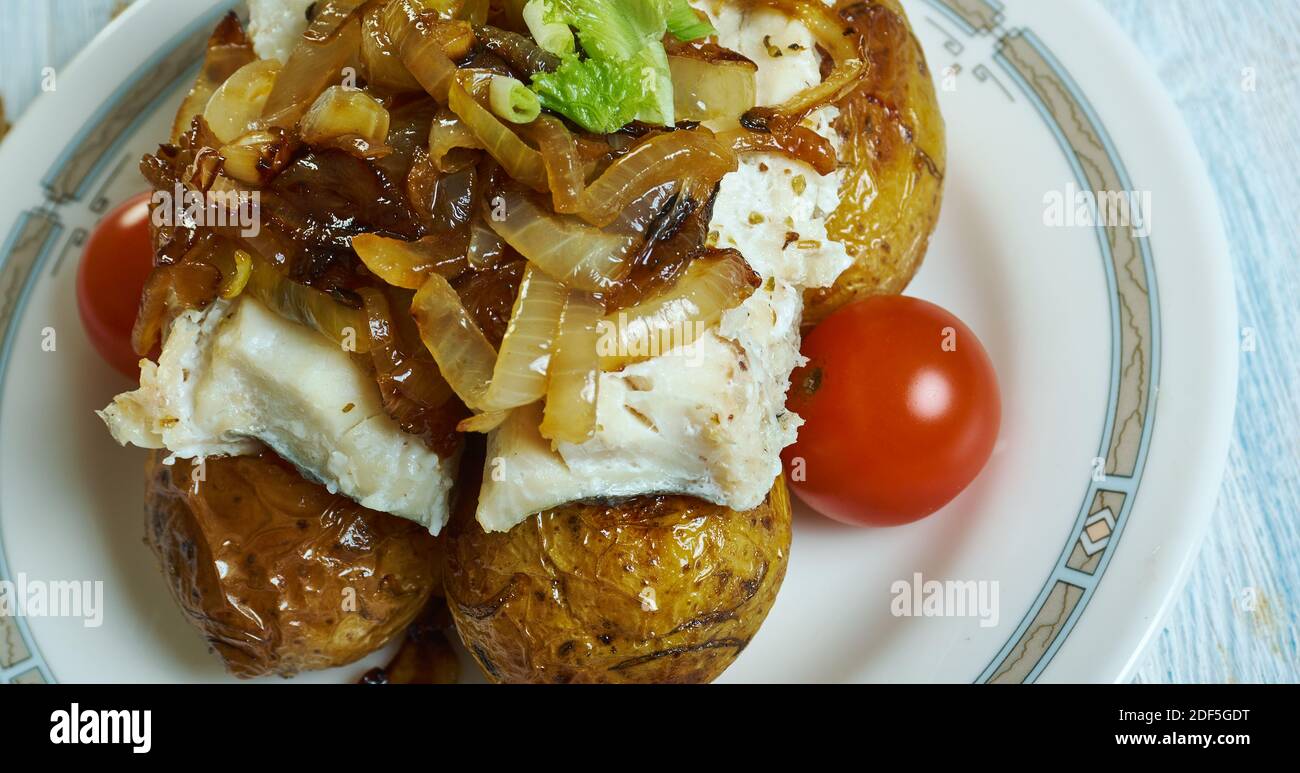 Bacalhau a lagareiro - Portuguese Grilled Salted Cod Fish Stock Photo ...