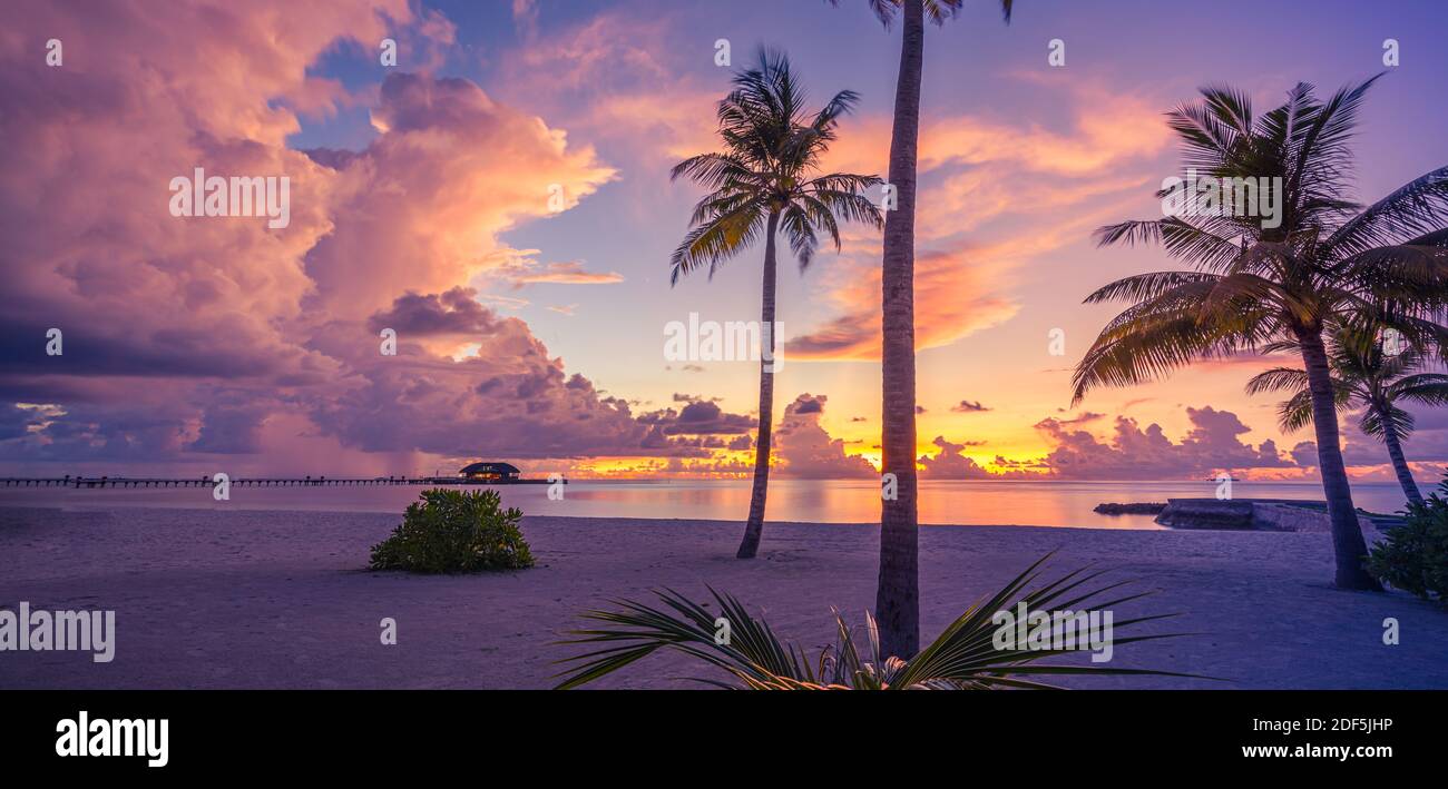 Tranquil summer vacation or holiday landscape. Tropical sunset beach ...