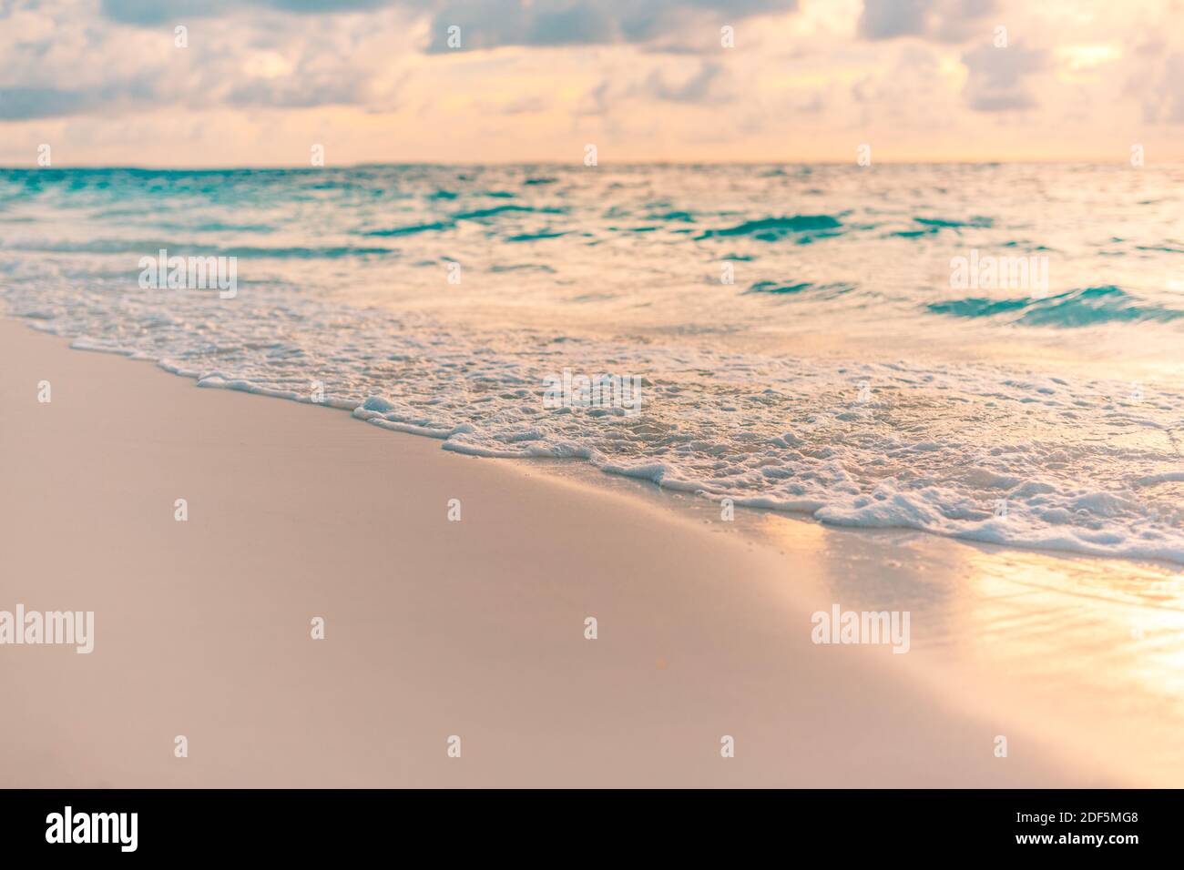Closeup of sand on beach and blue summer sky. Beach landscape. Empty ...