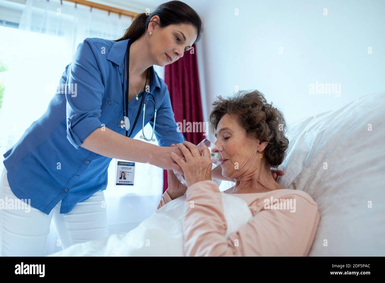Home Caregiver Helping Elderly Woman Drink Water. Nurse Helping Sick ...
