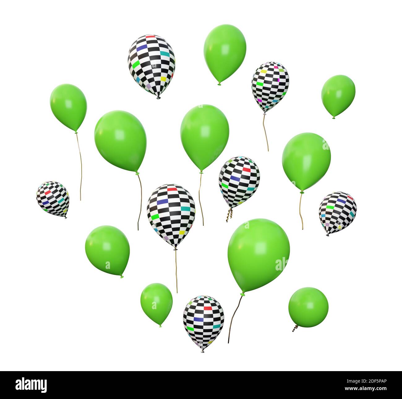 Many flying green and checkered color balloons isolated on white, 3d ...