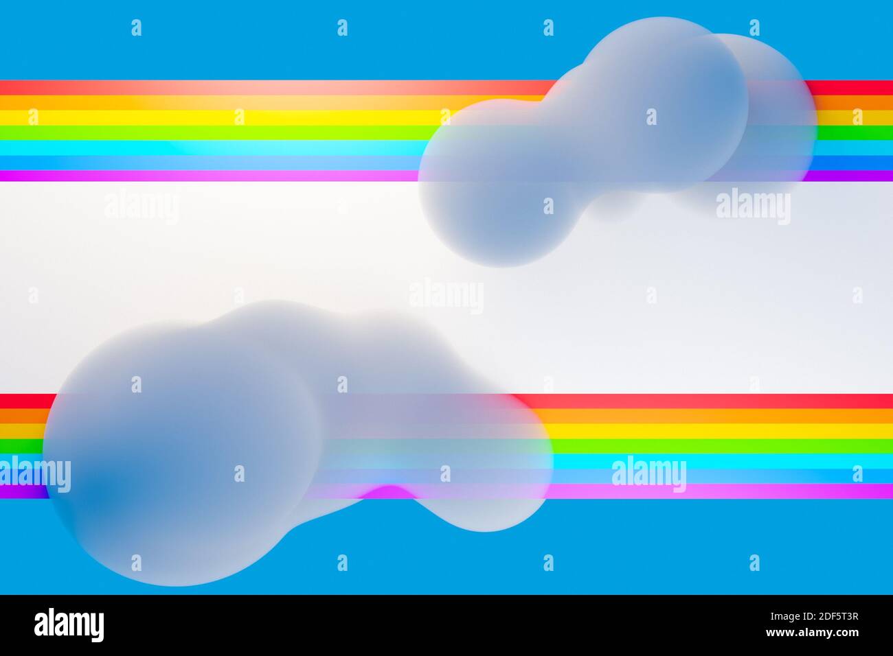 3d illustration of a rainbow with clouds on a blue background ...