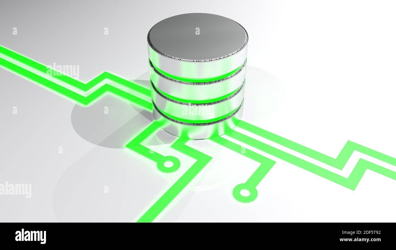 DATABASE technology concept image with metallic disks and green light ...