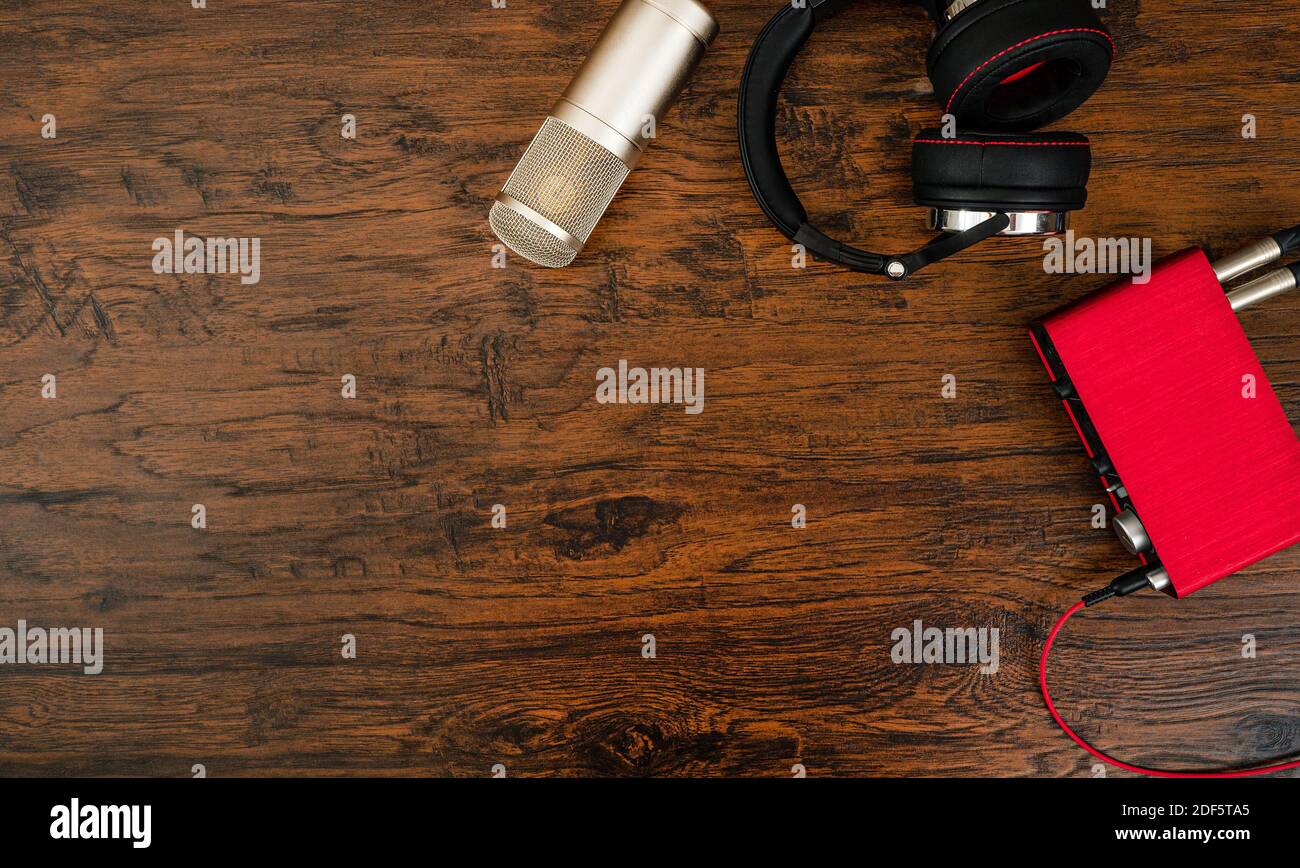 Headphones, microphone and sound card. Recording studio Stock Photo - Alamy