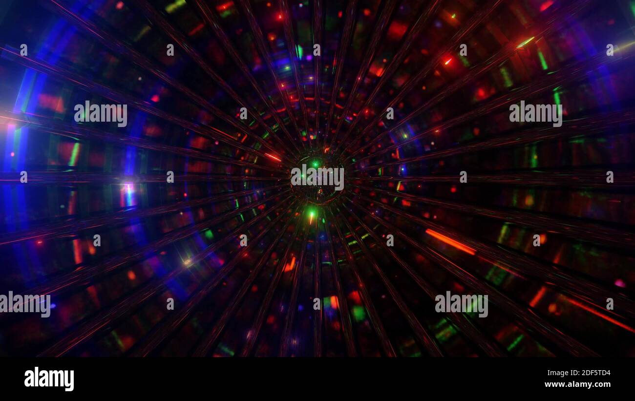Glowing space particles tunnel fly through 3d illustration background ...