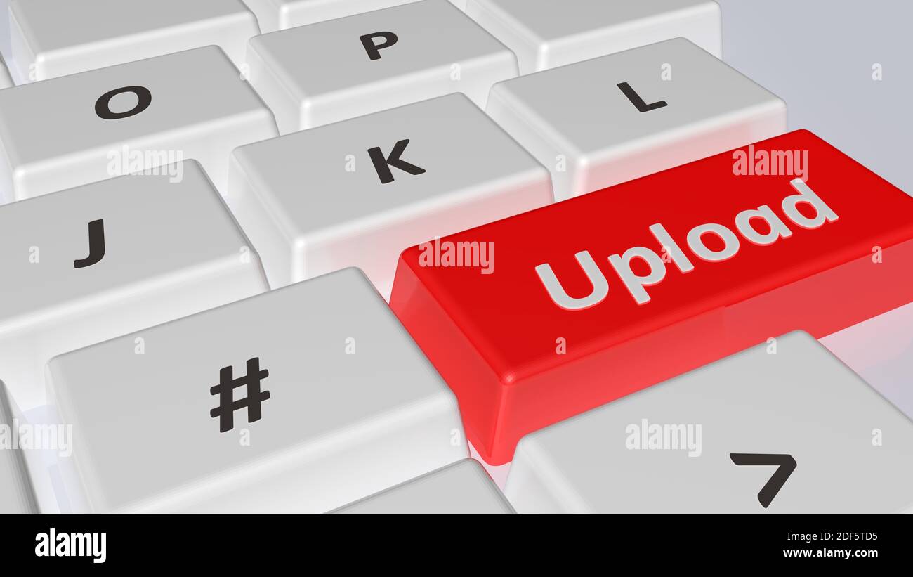 UPLOAD computer keyboard red key on white background - 3D rendering ...