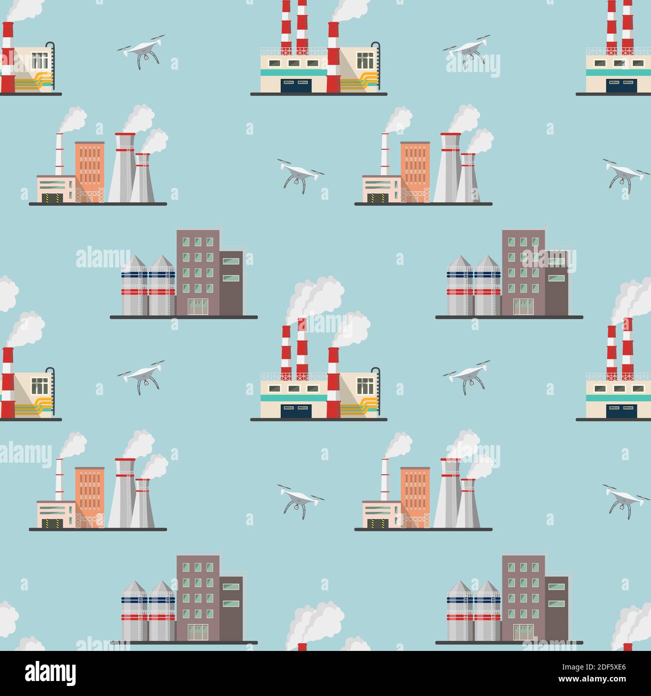 Vector seamless pattern of drones inspecting industrial power plants ...