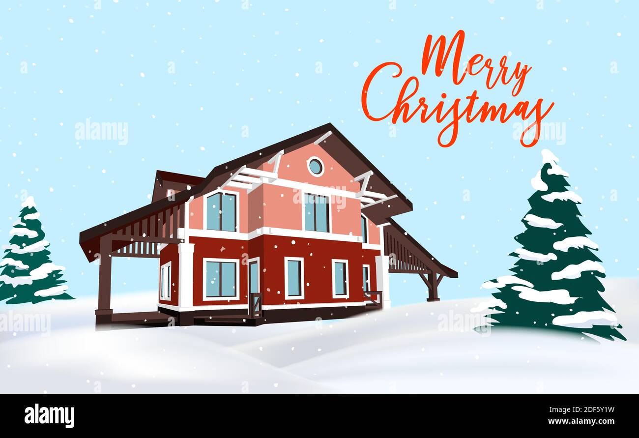 Festive vector winter countryside background with a red cottage house ...