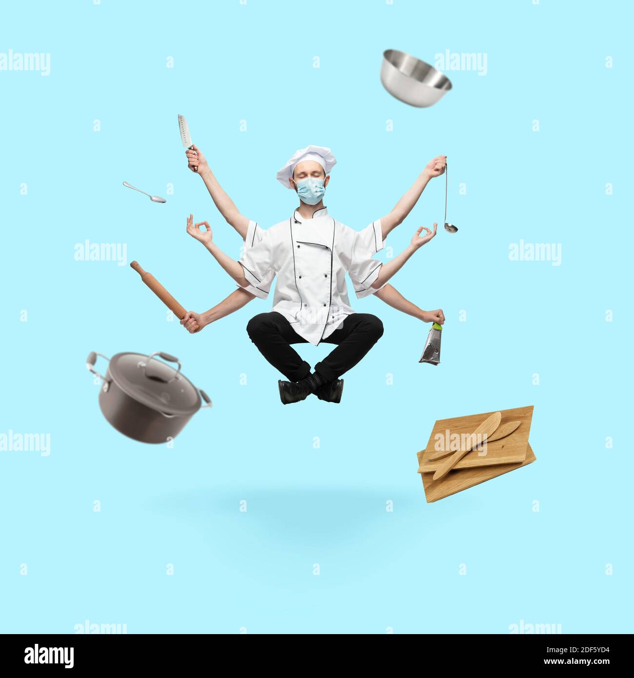 Safety. Handsome cooker, chef multi-armed baker levitating isolated on ...