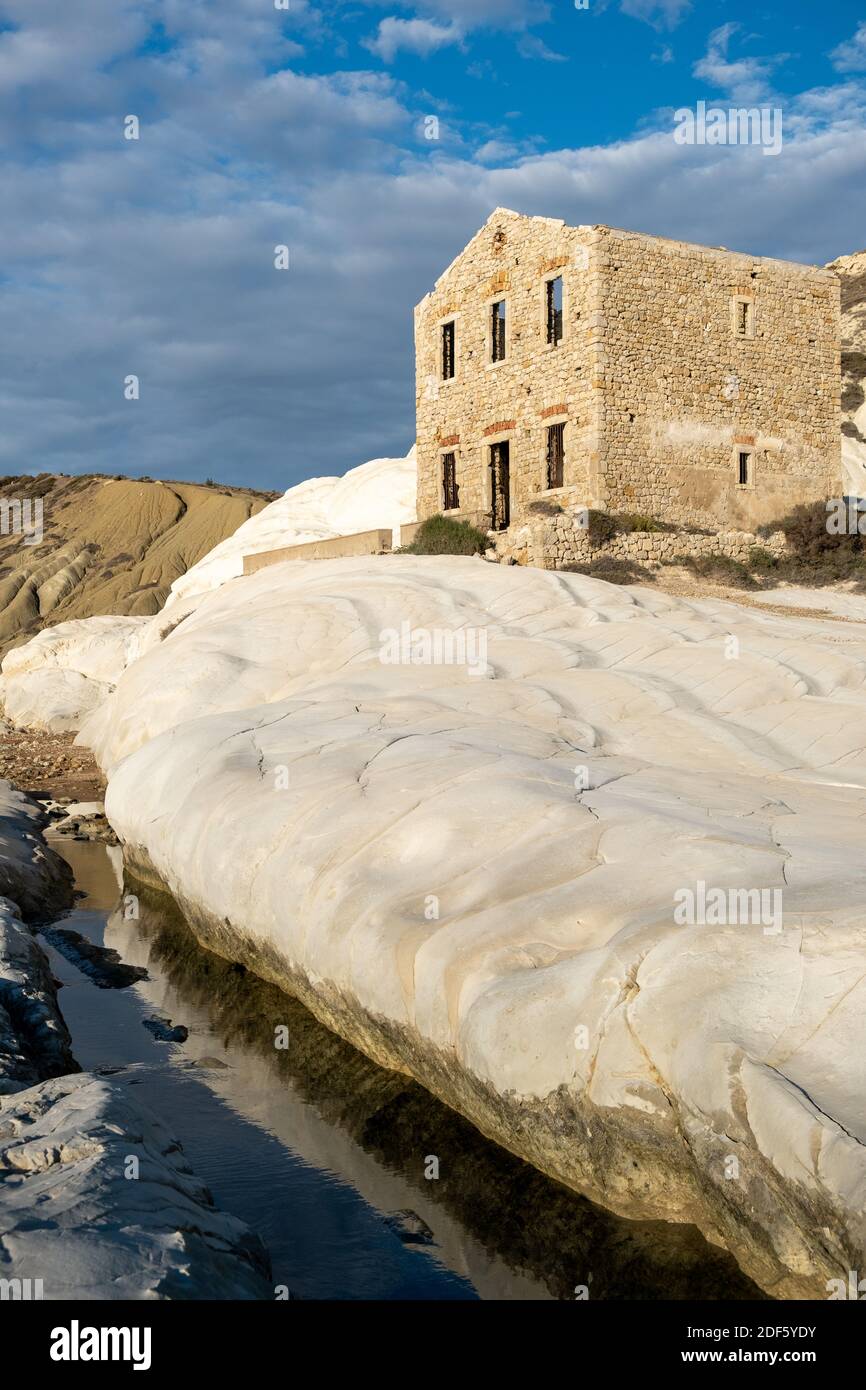 Punta Bianca, Agrigento in Sicily Italy White beach with old ruins of ...