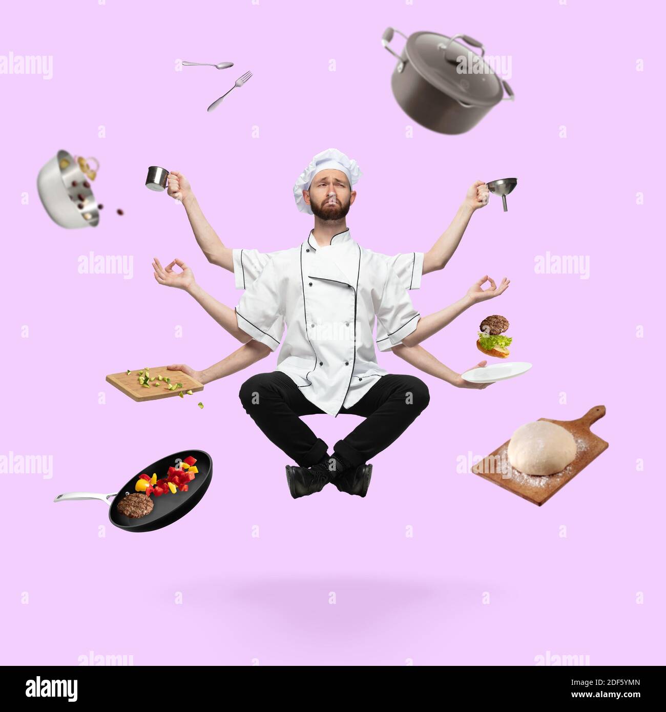 Sad handsome cooker, chef multi-armed baker levitating isolated on pink ...