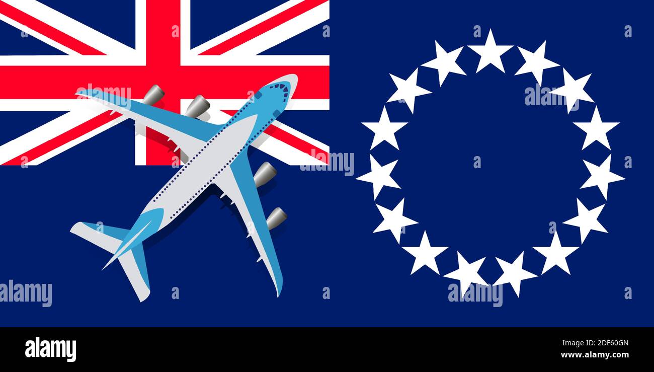 Vector Illustration of a passenger plane flying over the flag of cook ...