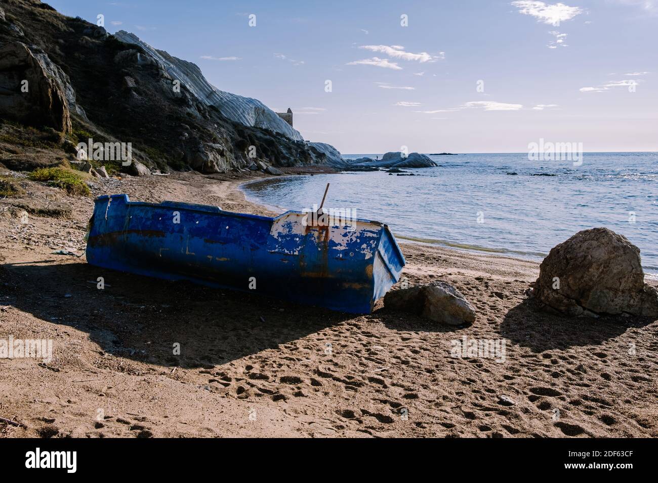Punta Bianca, Agrigento in Sicily Italy White beach with old ruins of ...