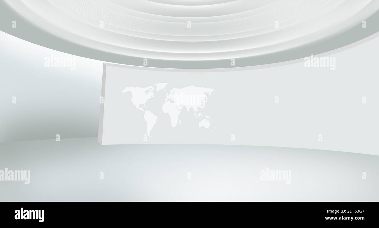 Modern news studio space with world map on curve wall, suitable for ...