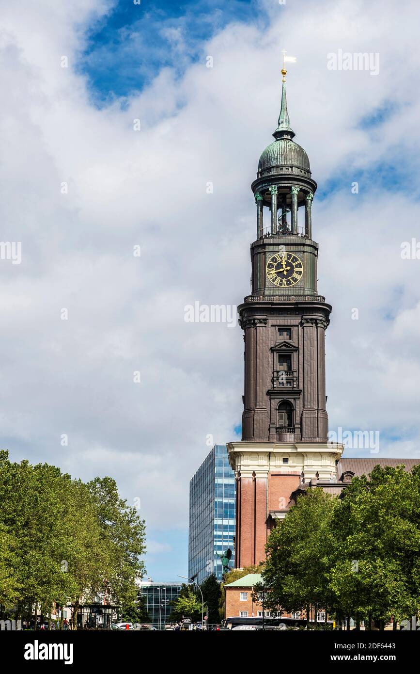 Bell tower of the St. Michael Church, St Michaelis or Michel, Lutheran ...