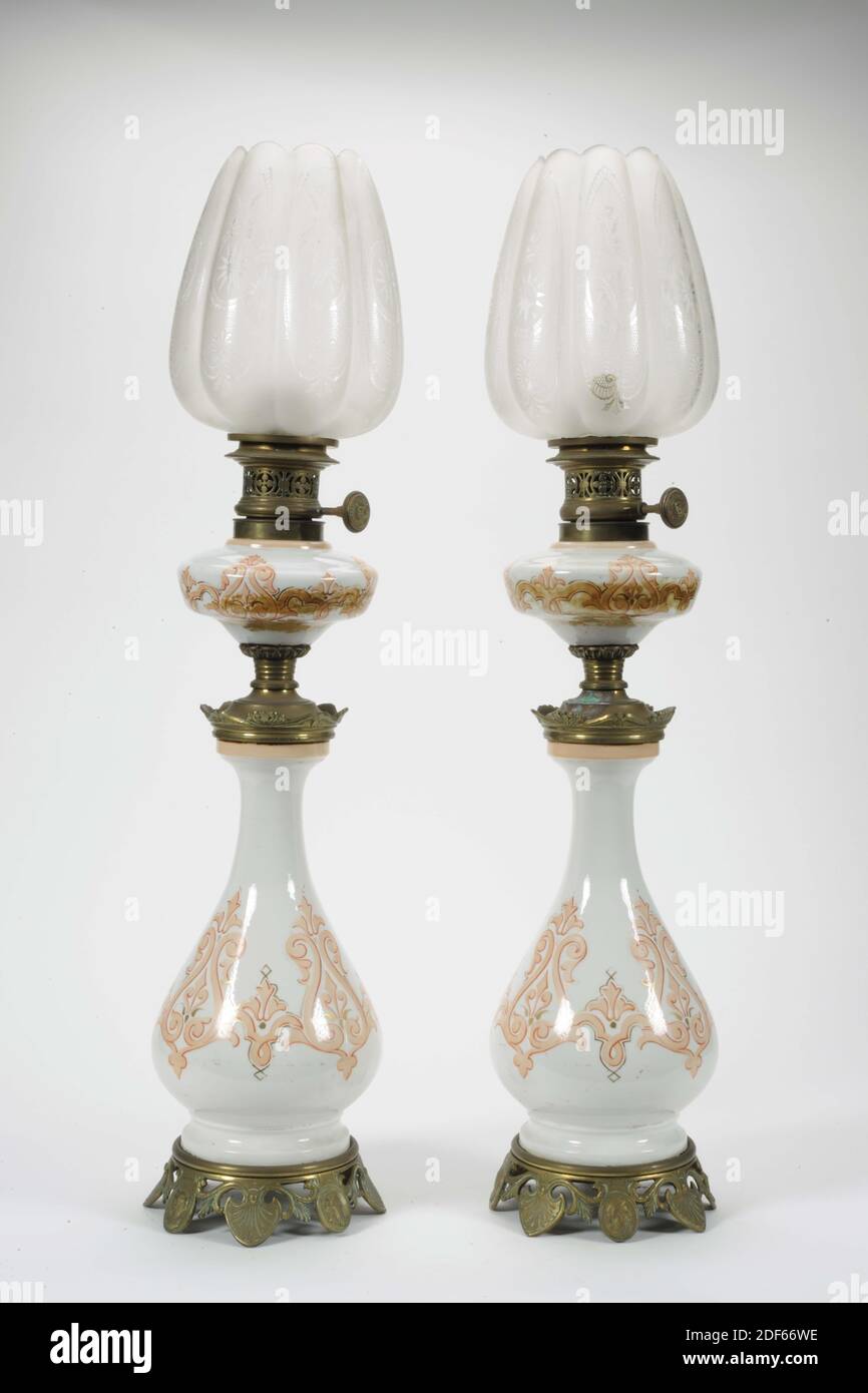 R. Ditmar, c. 1860, Two kerosene lamps on a porcelain with copper base ...