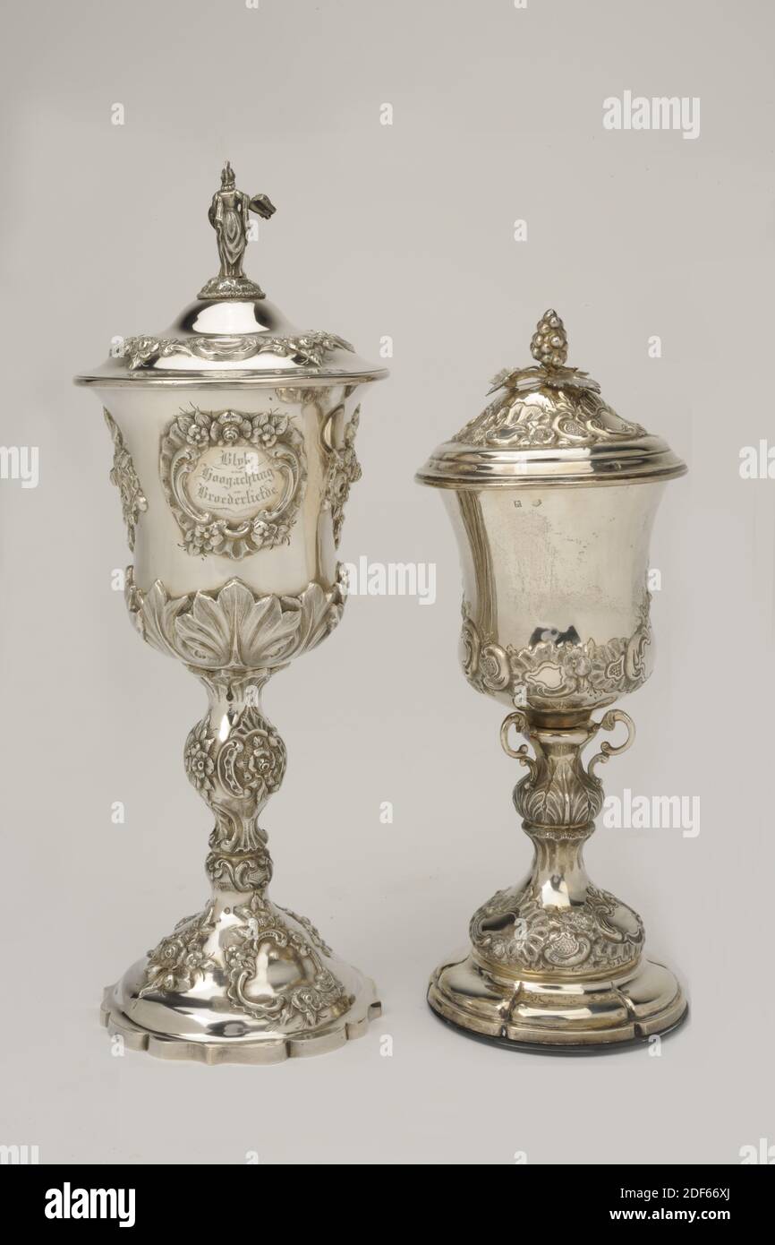 1861, Two silver Rococo style jars, with lid and with inscriptions, on ...