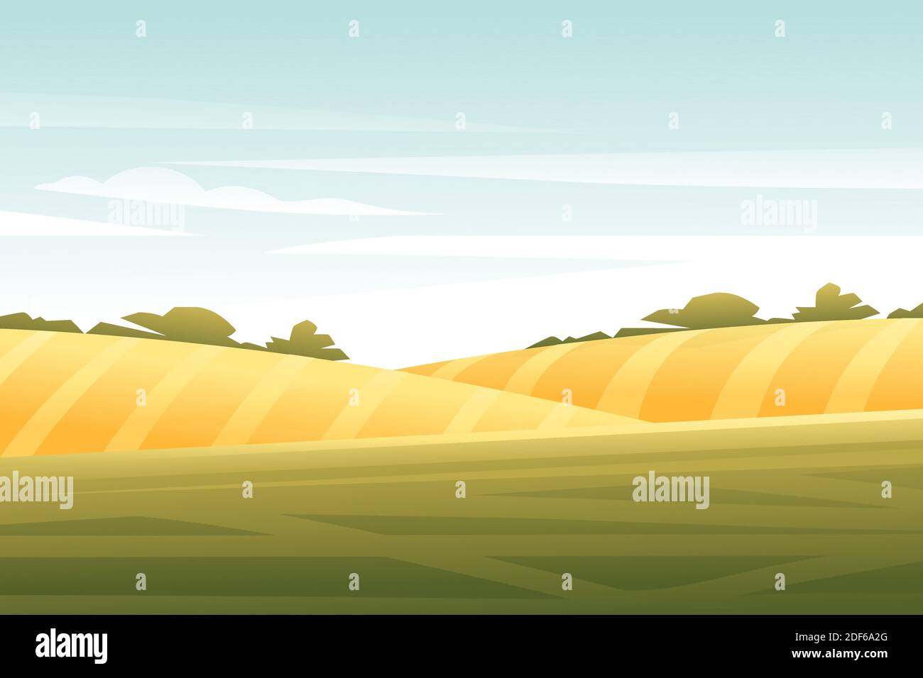 Rural morning landscape with hills and dales agricultural fields flat ...