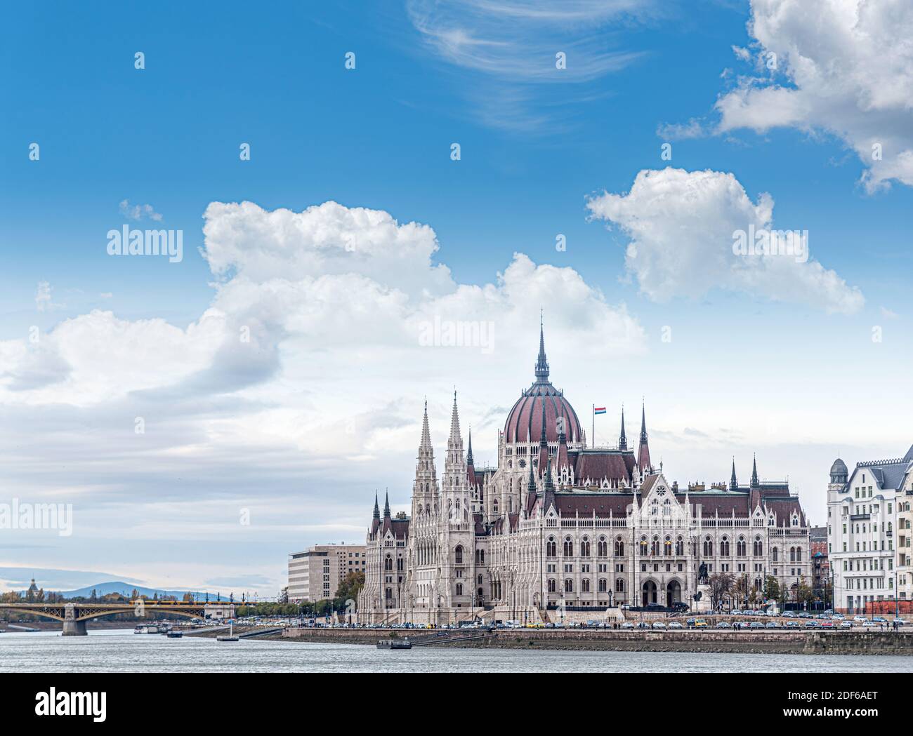 The Hungarian Parliament building on a rainy fall day in Budapest, the ...