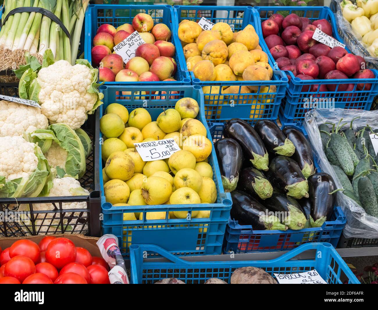 Fresh fruits and vegetables on display in a market in Bucharest. with ...