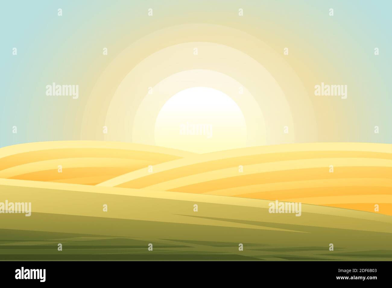Rural morning landscape with hills and dales agricultural fields flat vector illustration Stock ...