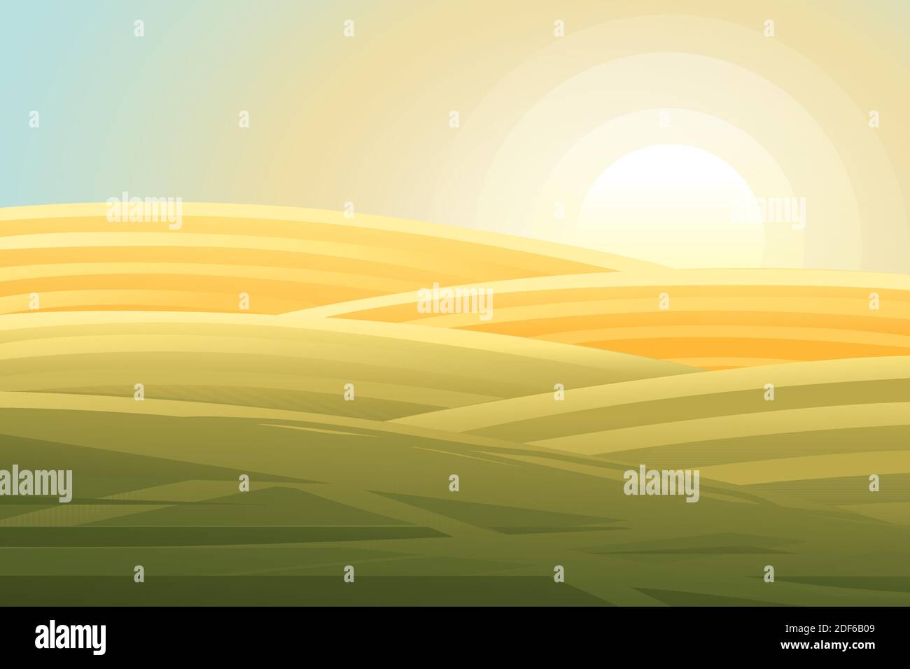 Rural morning landscape with hills and dales agricultural fields flat ...