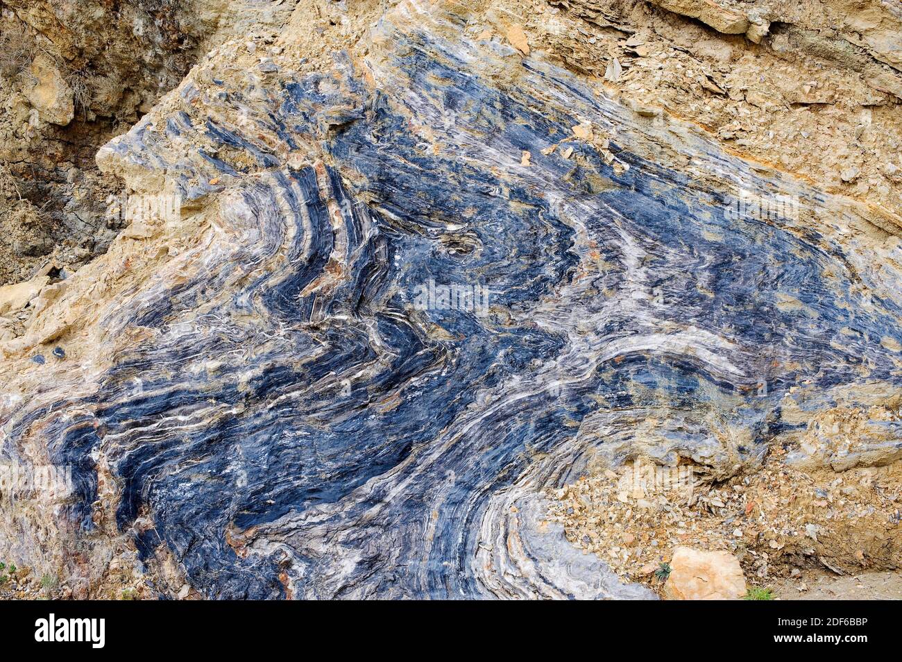 Black gypsum folded in Villel, Teruel, Aragon, Spain Stock Photo - Alamy