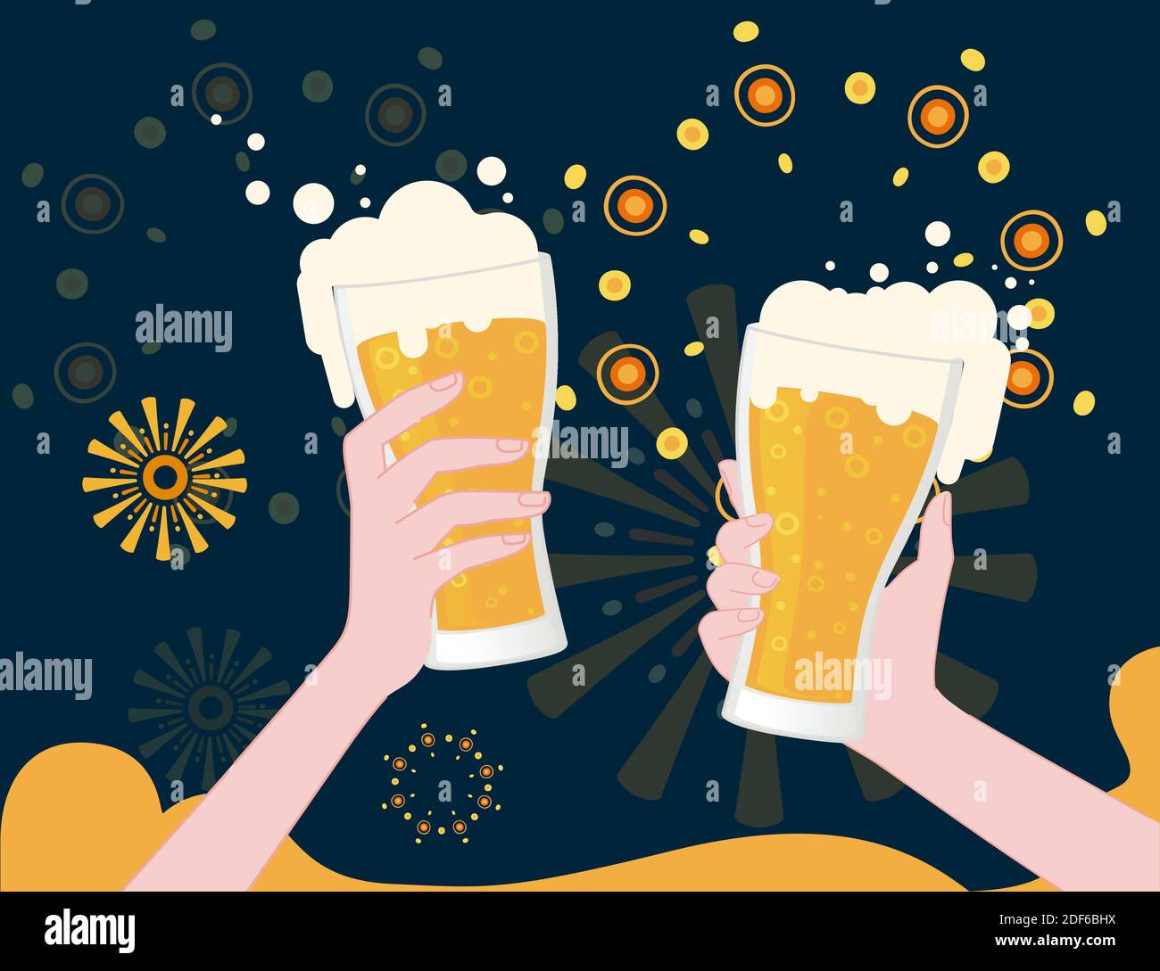 Hands hold transparent glass beer mug and cheers abstract beer flow ...