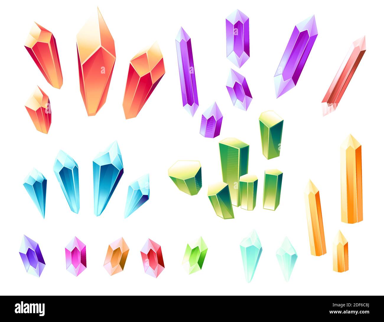 Set of six types different colored shine mineral ore flat vector ...