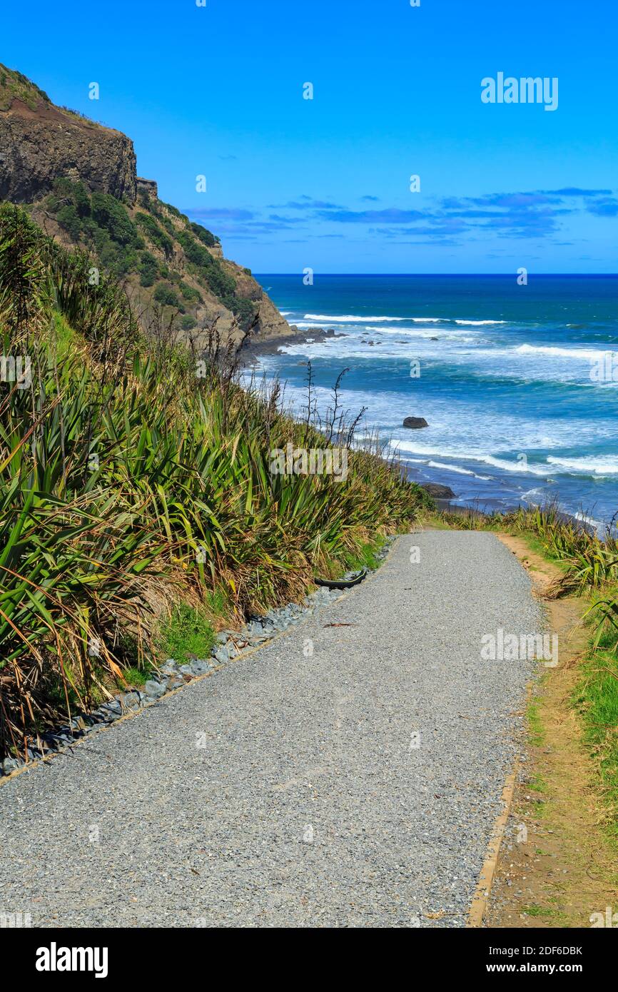 A pathway leading down to a beach ringed with cliffs. Maukatia Bay in ...