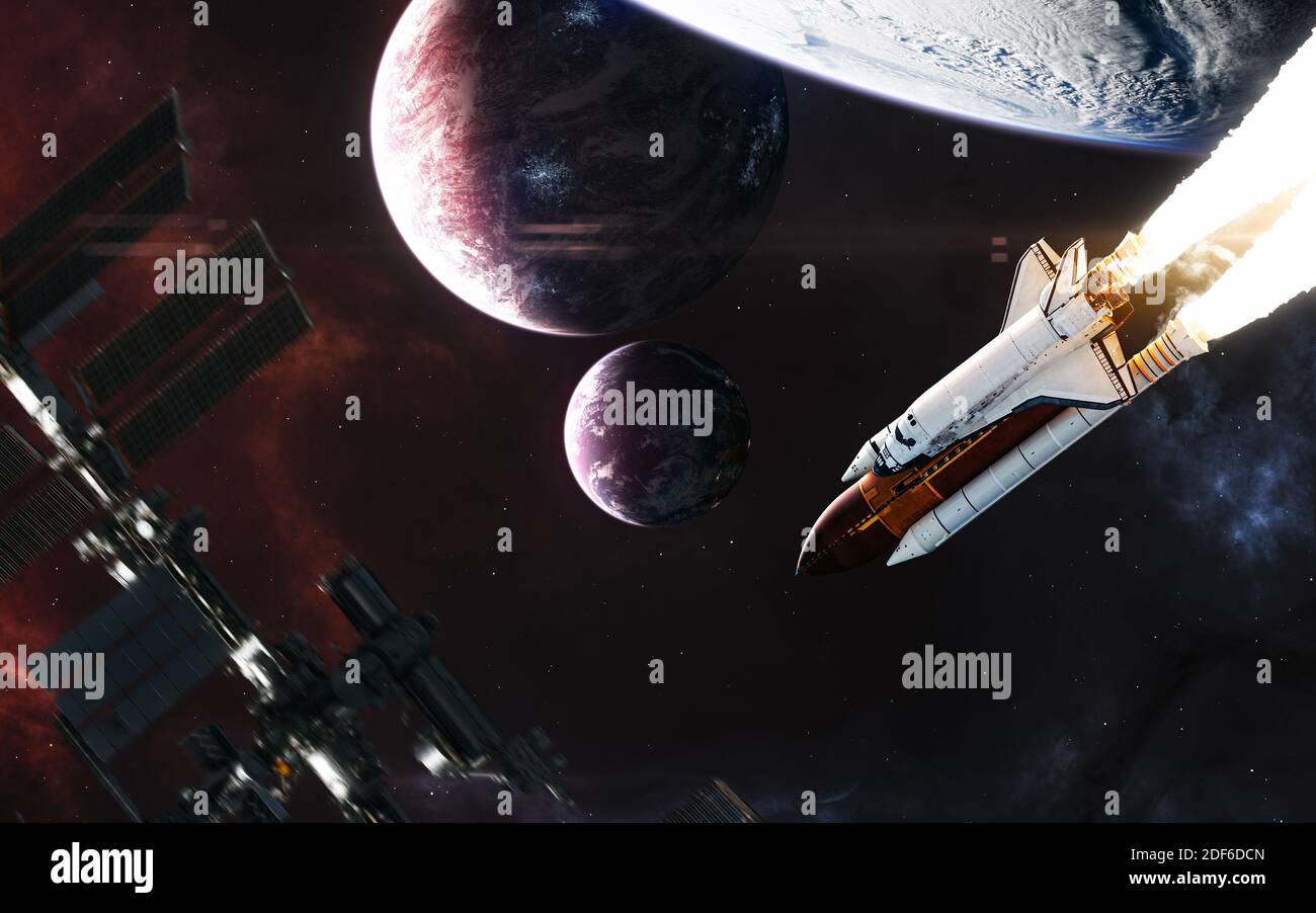 Planets in deep space. Space shuttle in planetary orbit. Flying space ...