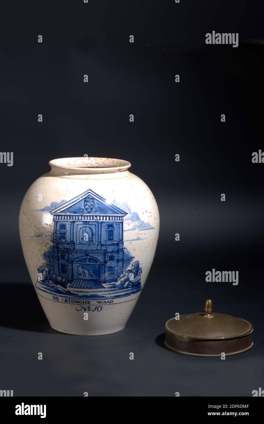tobacco jar, between 1804-1849, copper, glaze, earthenware, cityscape ...