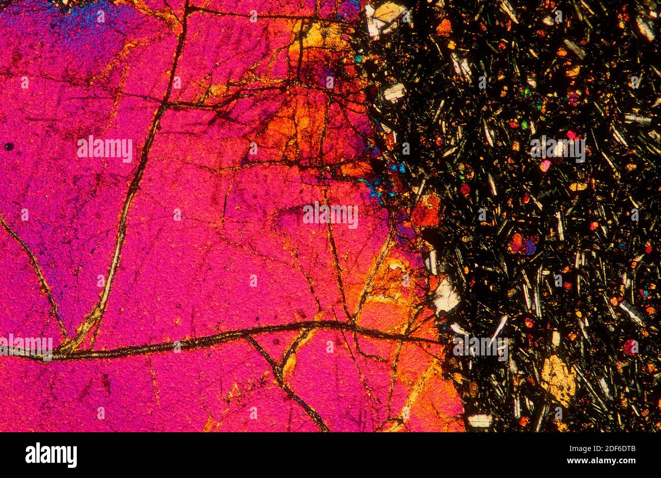 Basalt, thin section. Polarised light with optical microscope ...