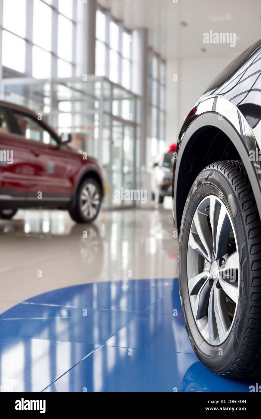 New modern cars at dealer showroom. Themed blur background with bokeh ...