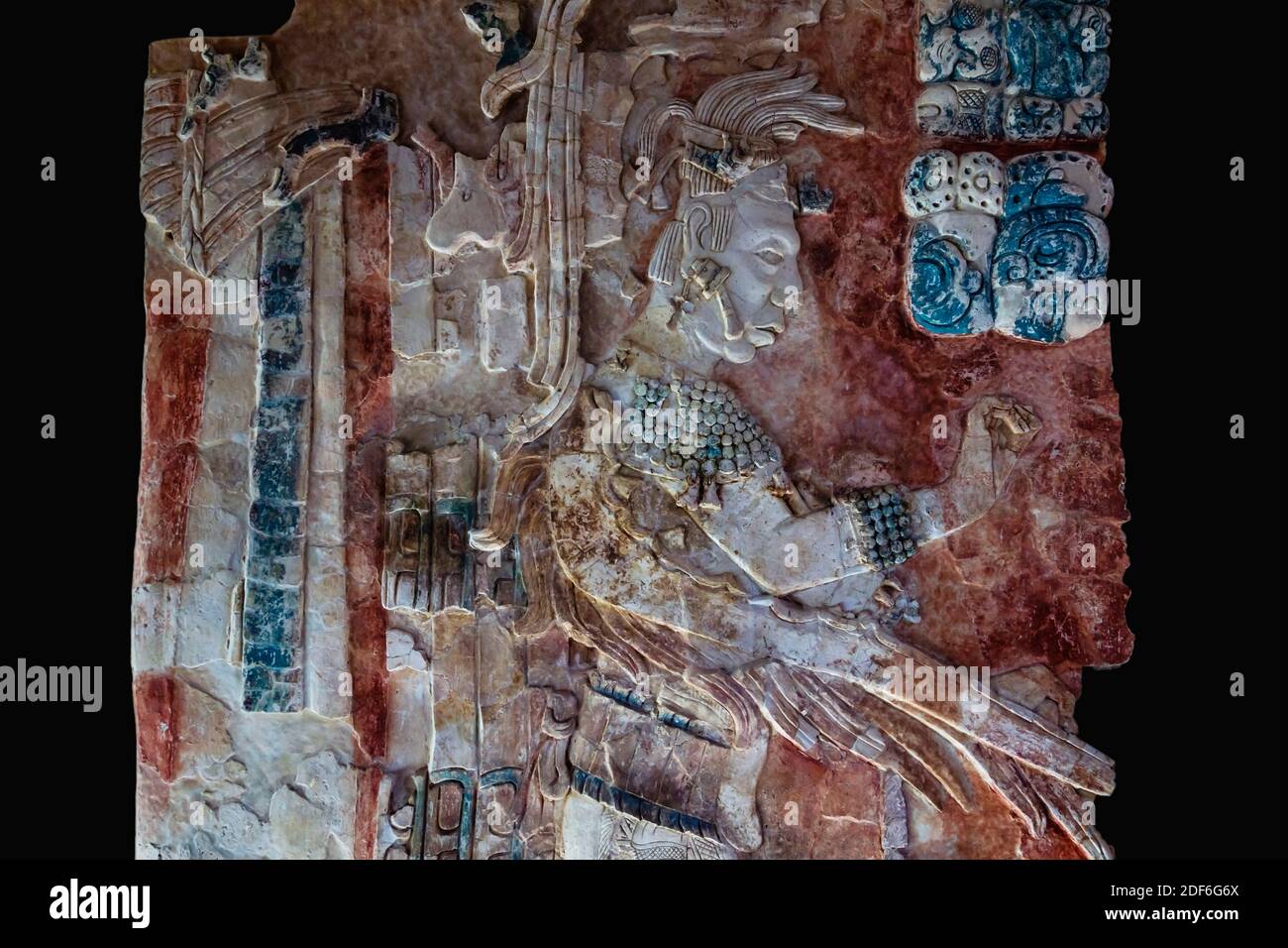 Palenque, Chiapas, Mexico - 22 May 2019: Colored basrelief carving of ...